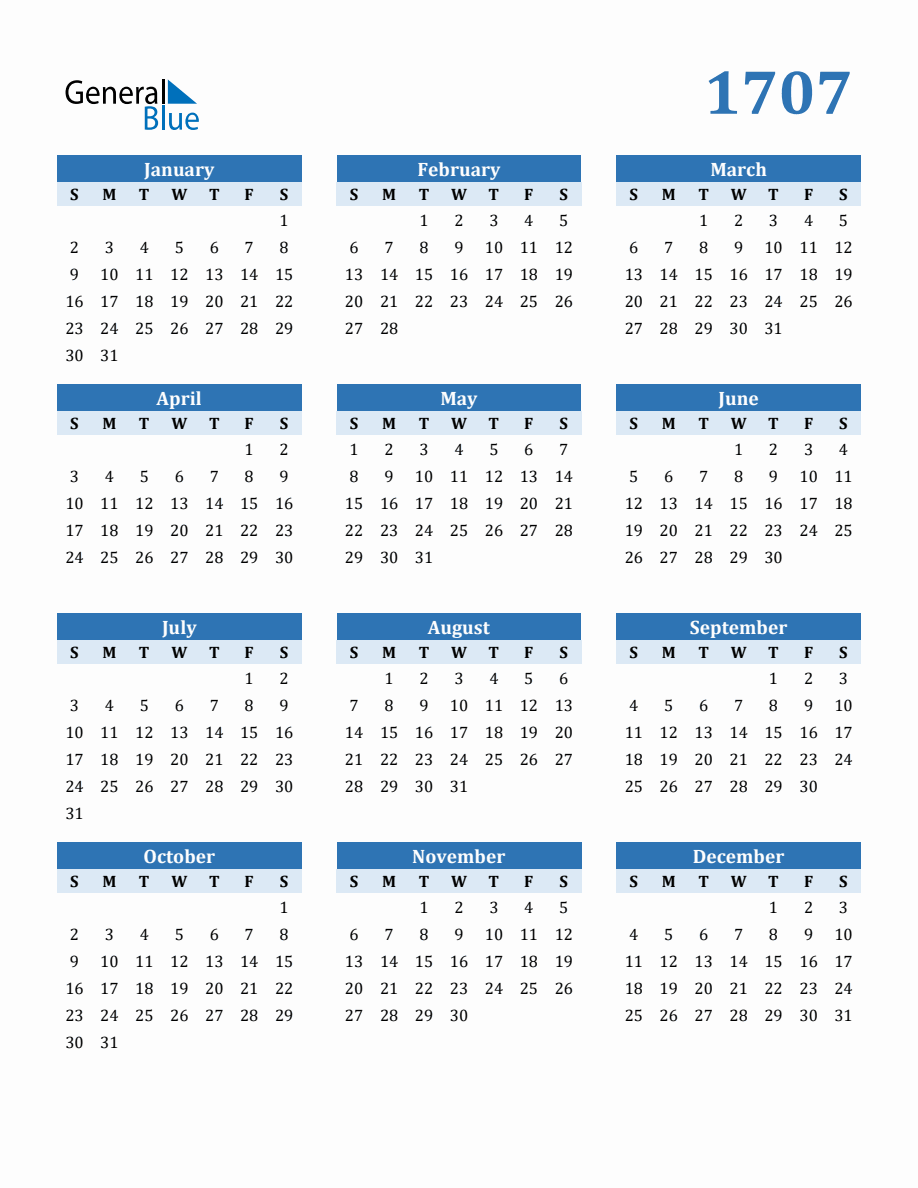 Free 1707 Year Calendar in PDF, Word, and Excel