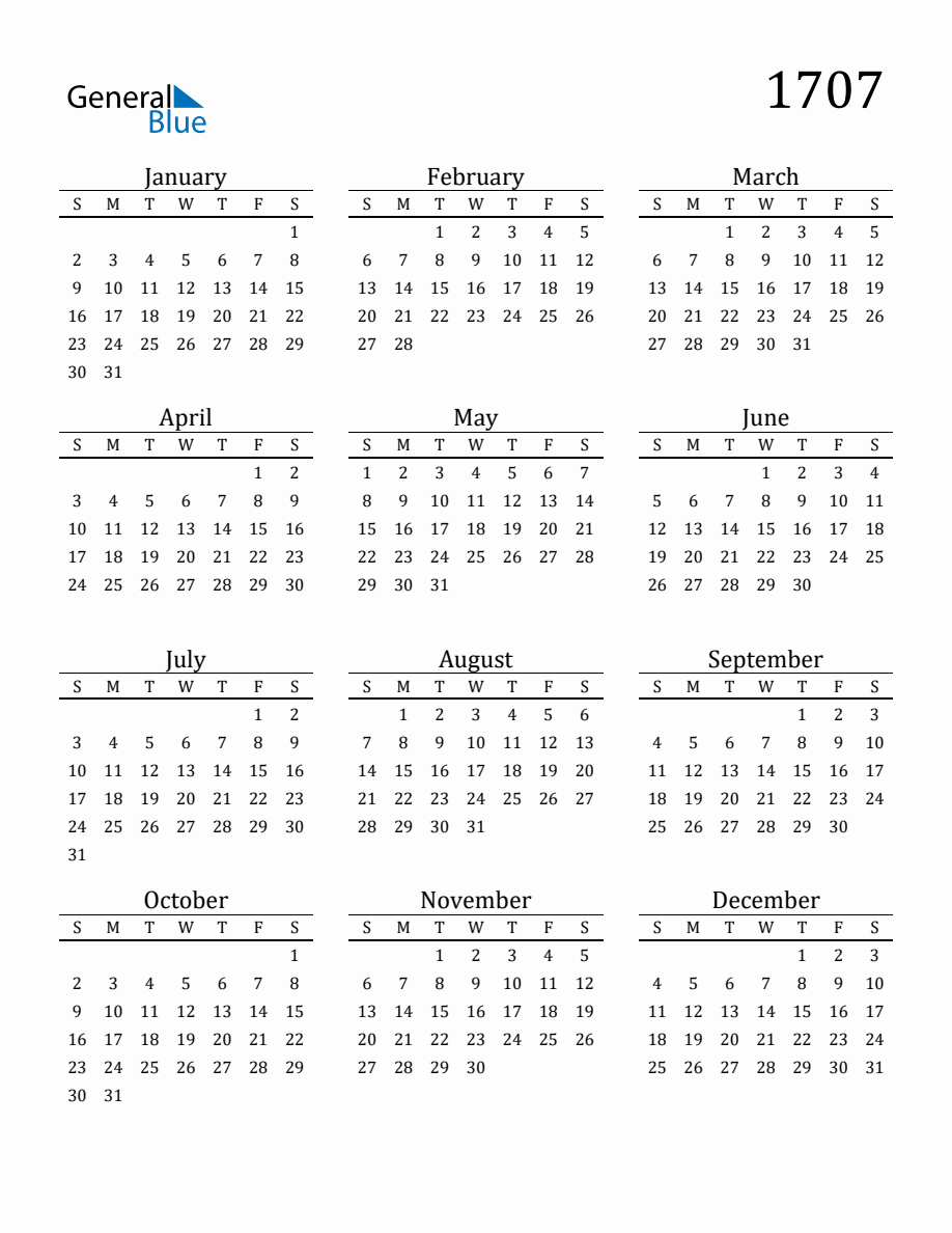 Year 1707 Free Printable 12-Month Calendar