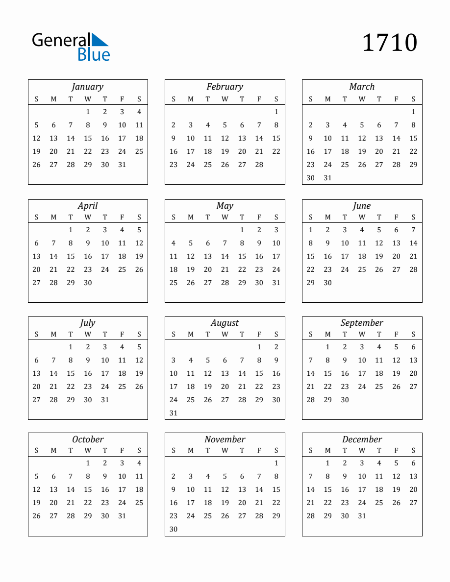 1710 Blank Yearly Calendar Printable