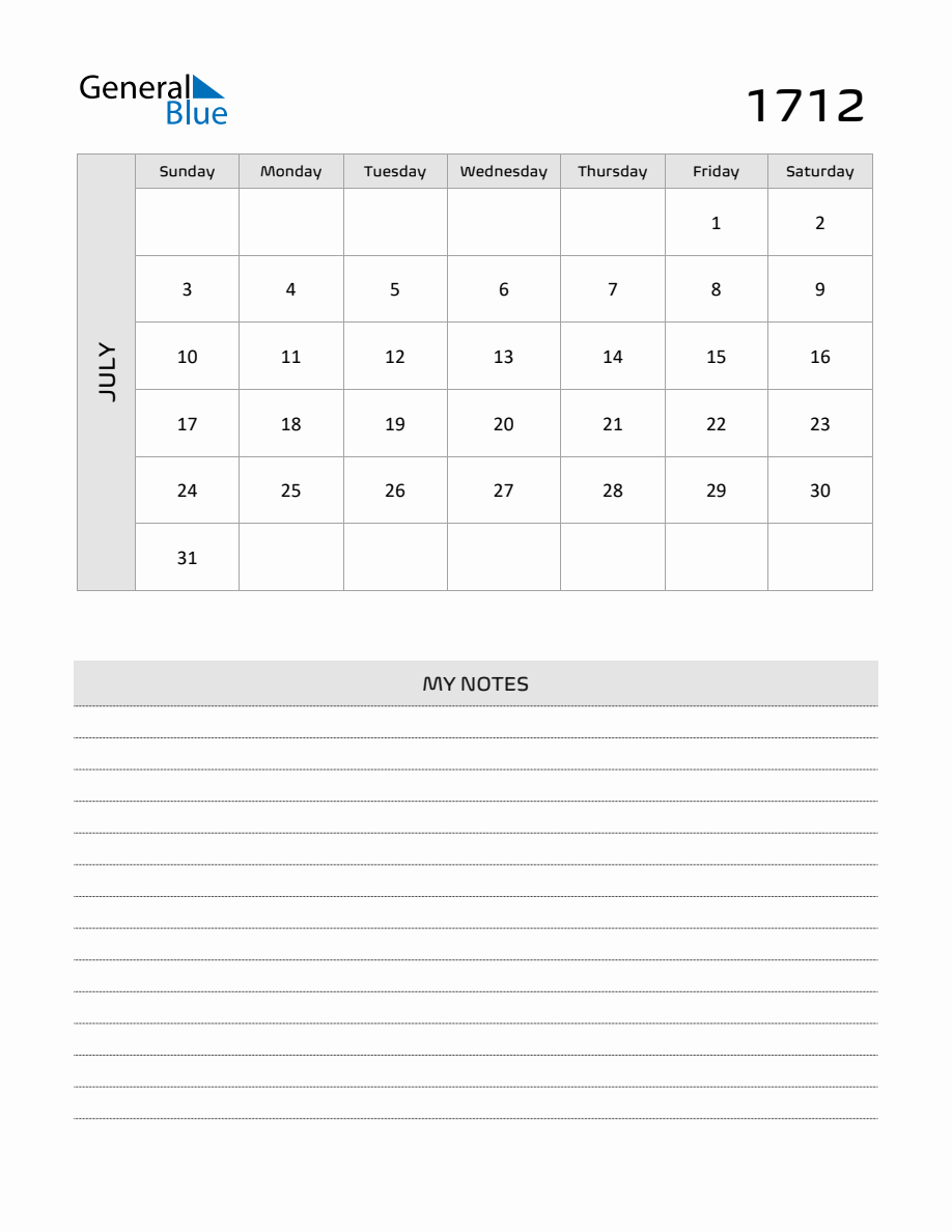 July 1712 Printable Monthly Calendar with Notes