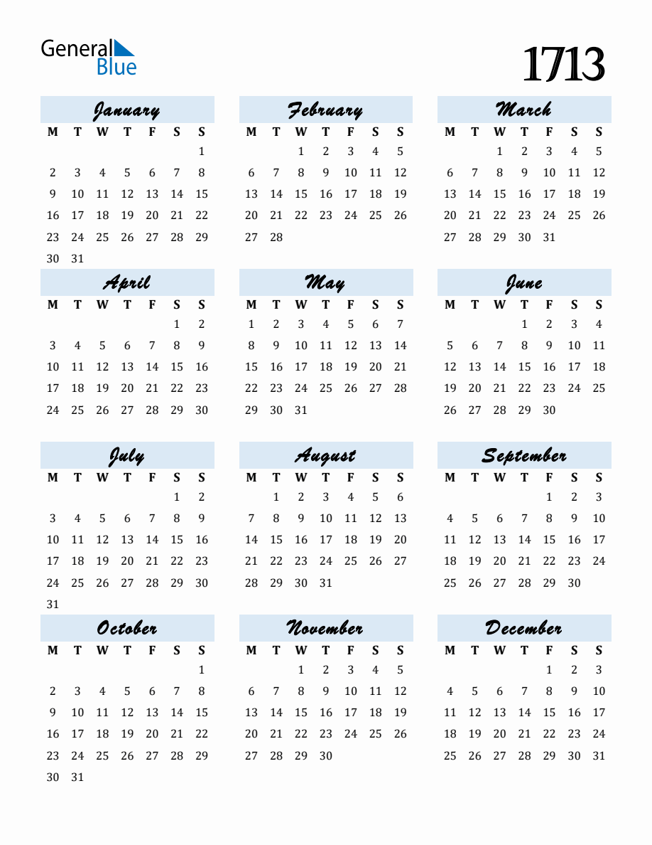 Free Downloadable Calendar for Year 1713