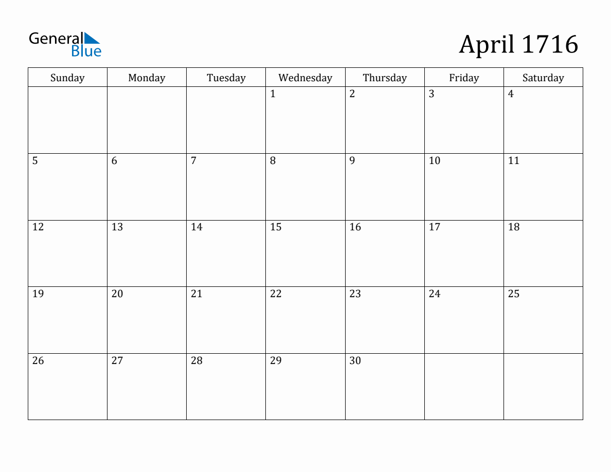 April 1716 Monthly Calendar