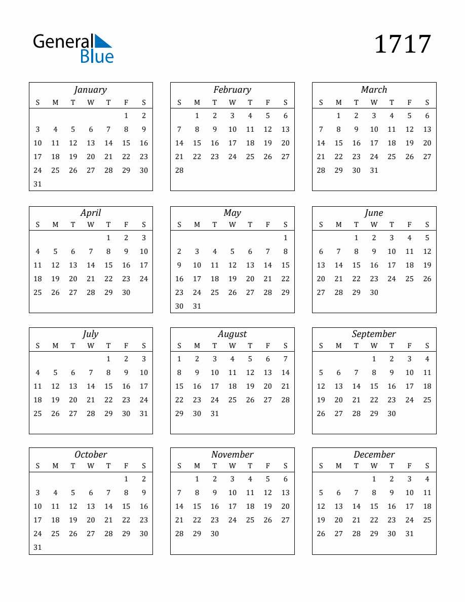 1717 Blank Yearly Calendar Printable