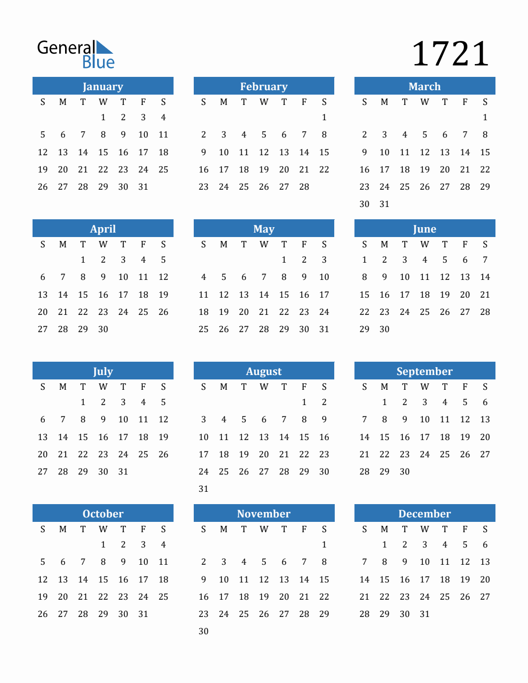 Free 1721 Calendars in PDF, Word, Excel