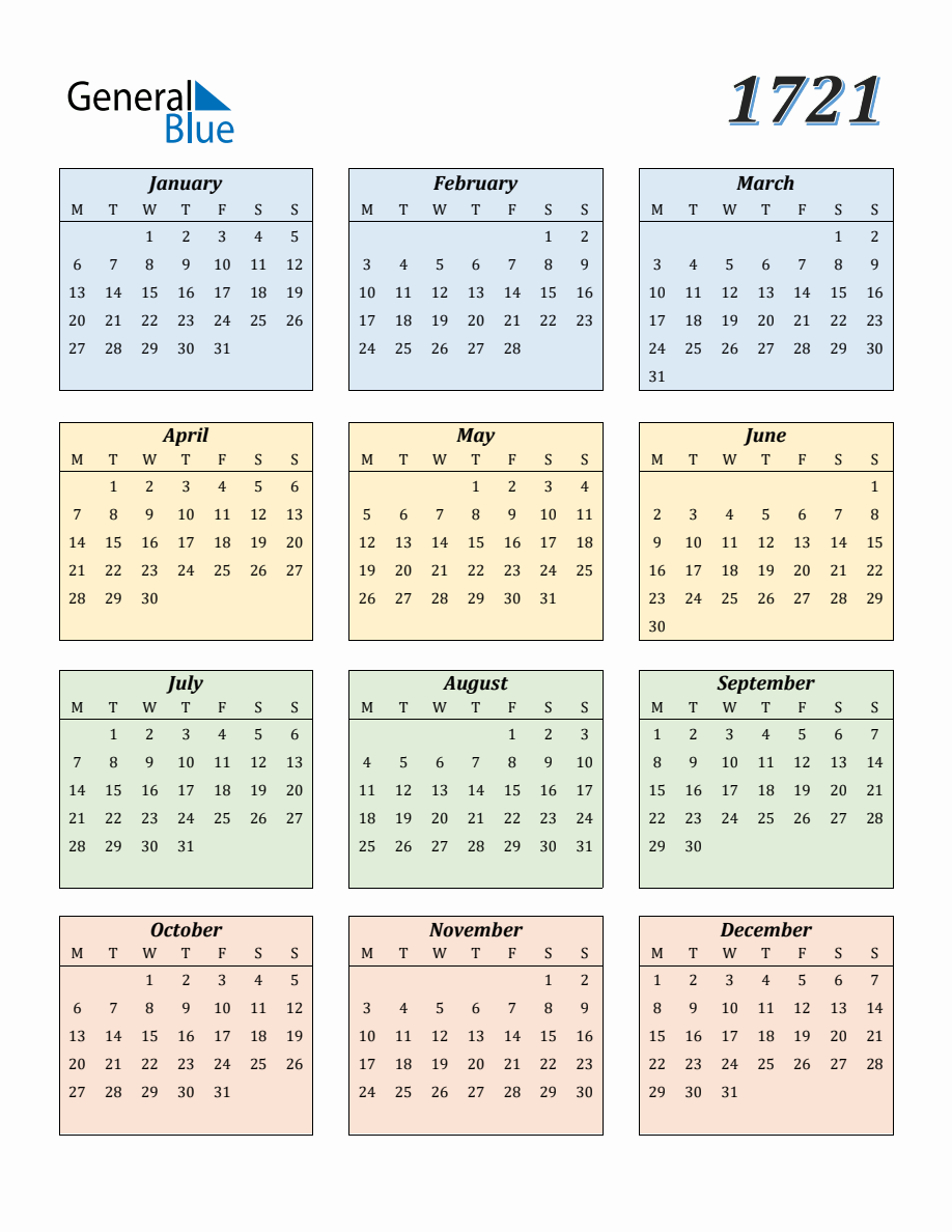 Calendar for Year 1721 with Monday Start