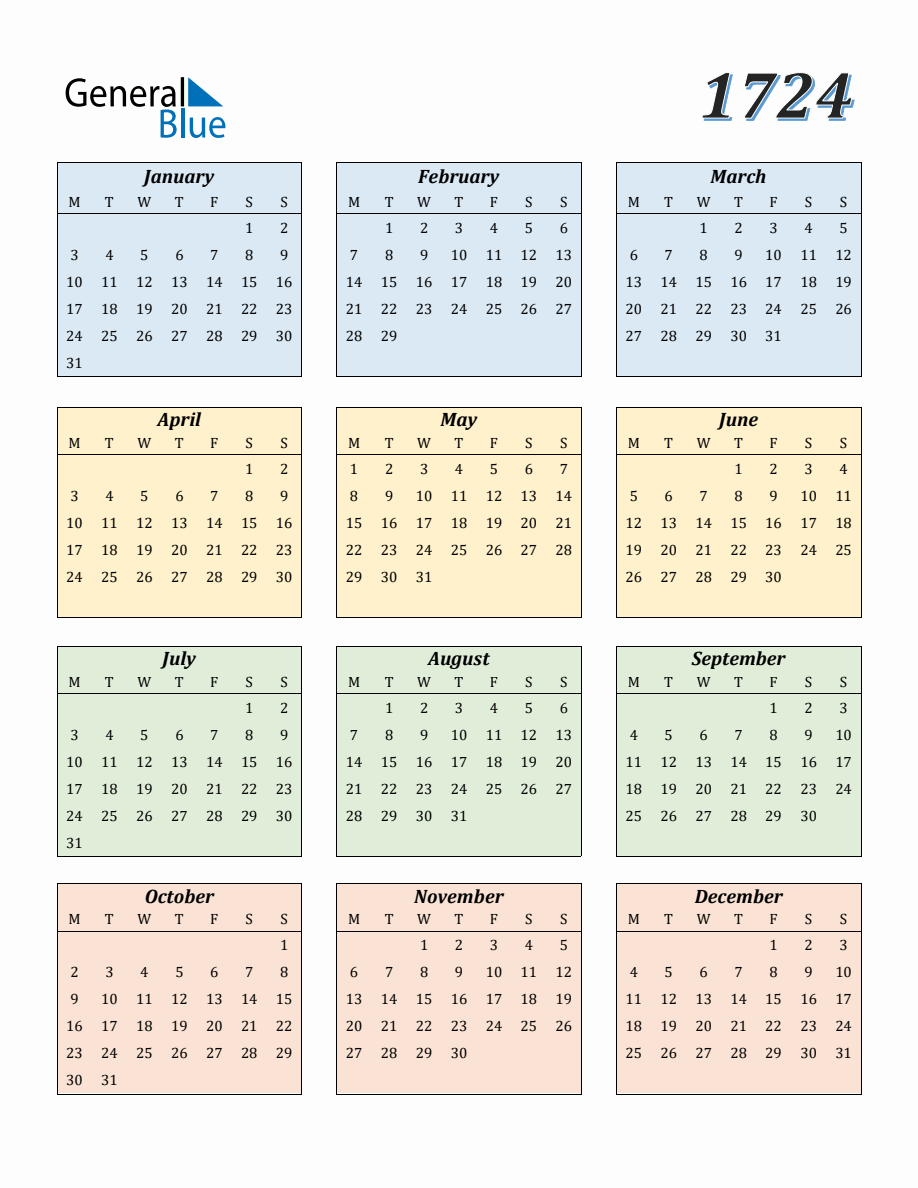 Calendar for Year 1724 with Monday Start