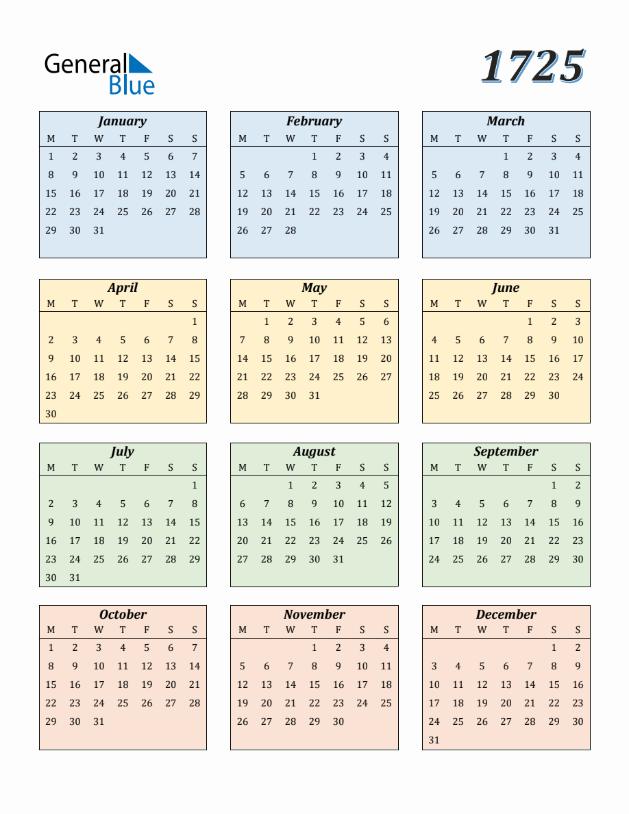 Calendar for Year 1725 with Monday Start