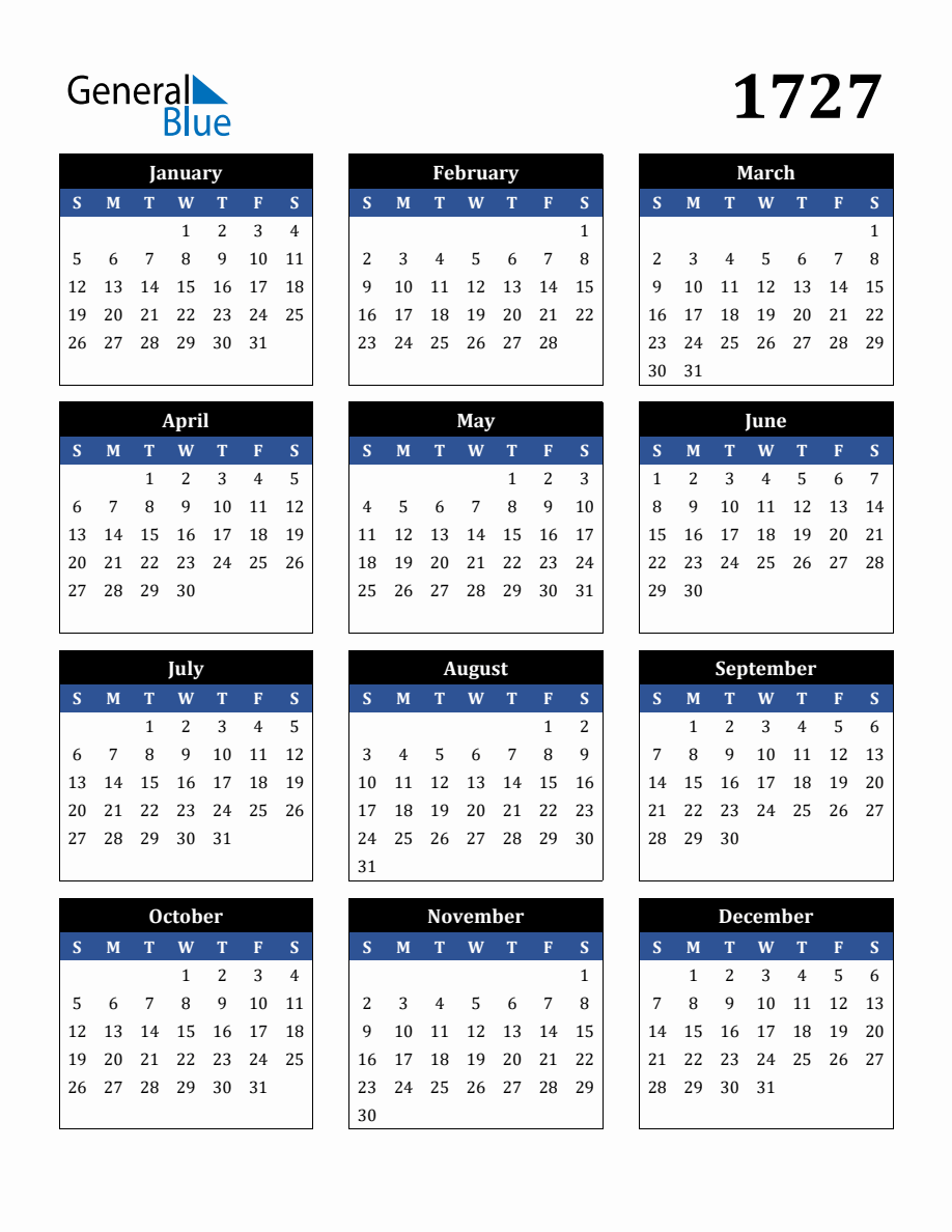 Editable 1727 Calendar