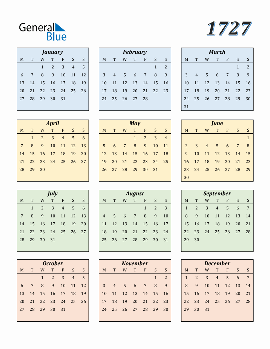 Calendar for Year 1727 with Monday Start
