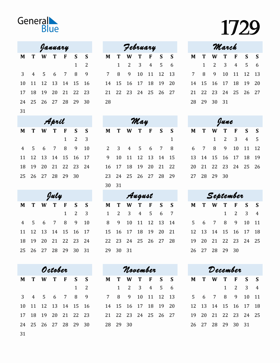 Free Downloadable Calendar for Year 1729 with Monday Start