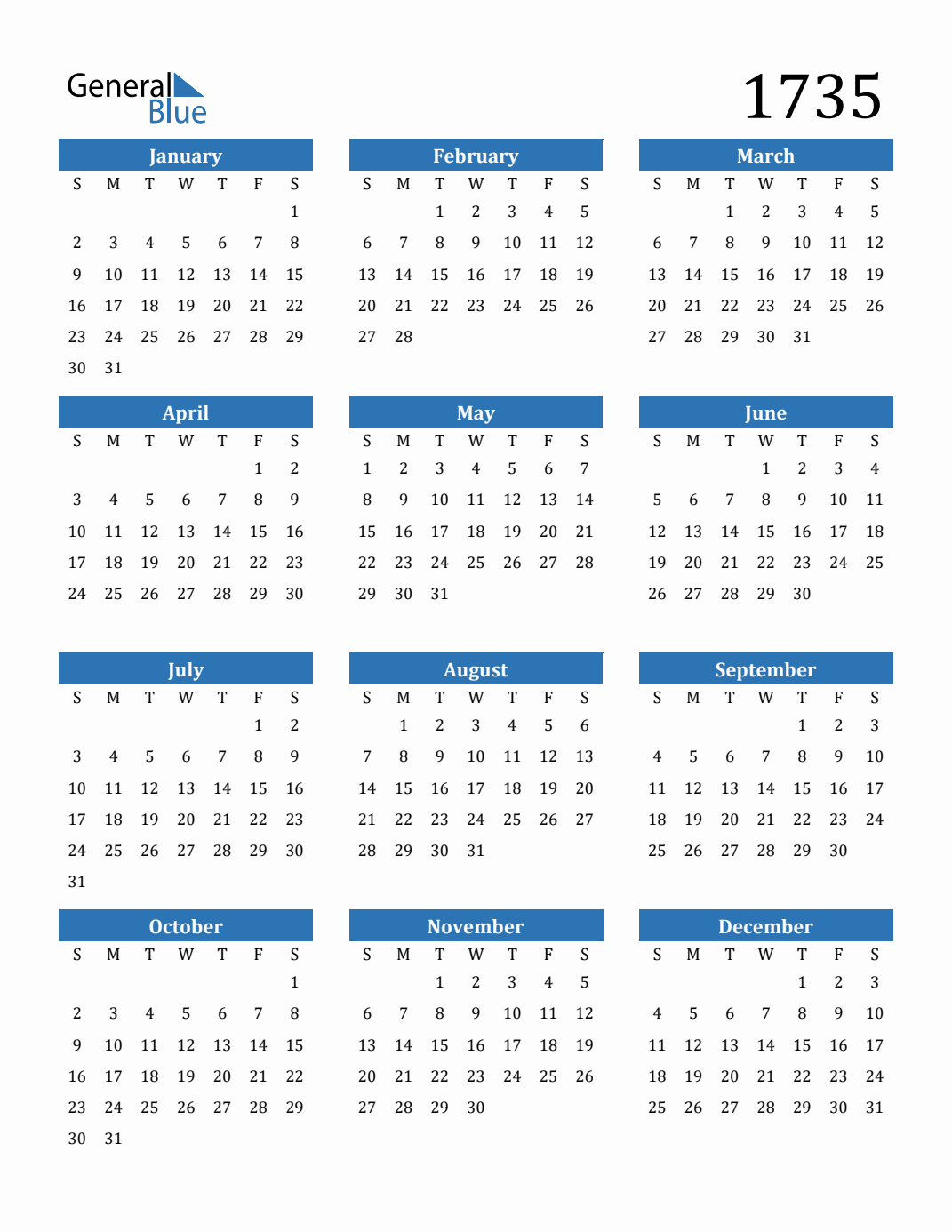 Free 1735 Calendars in PDF, Word, Excel
