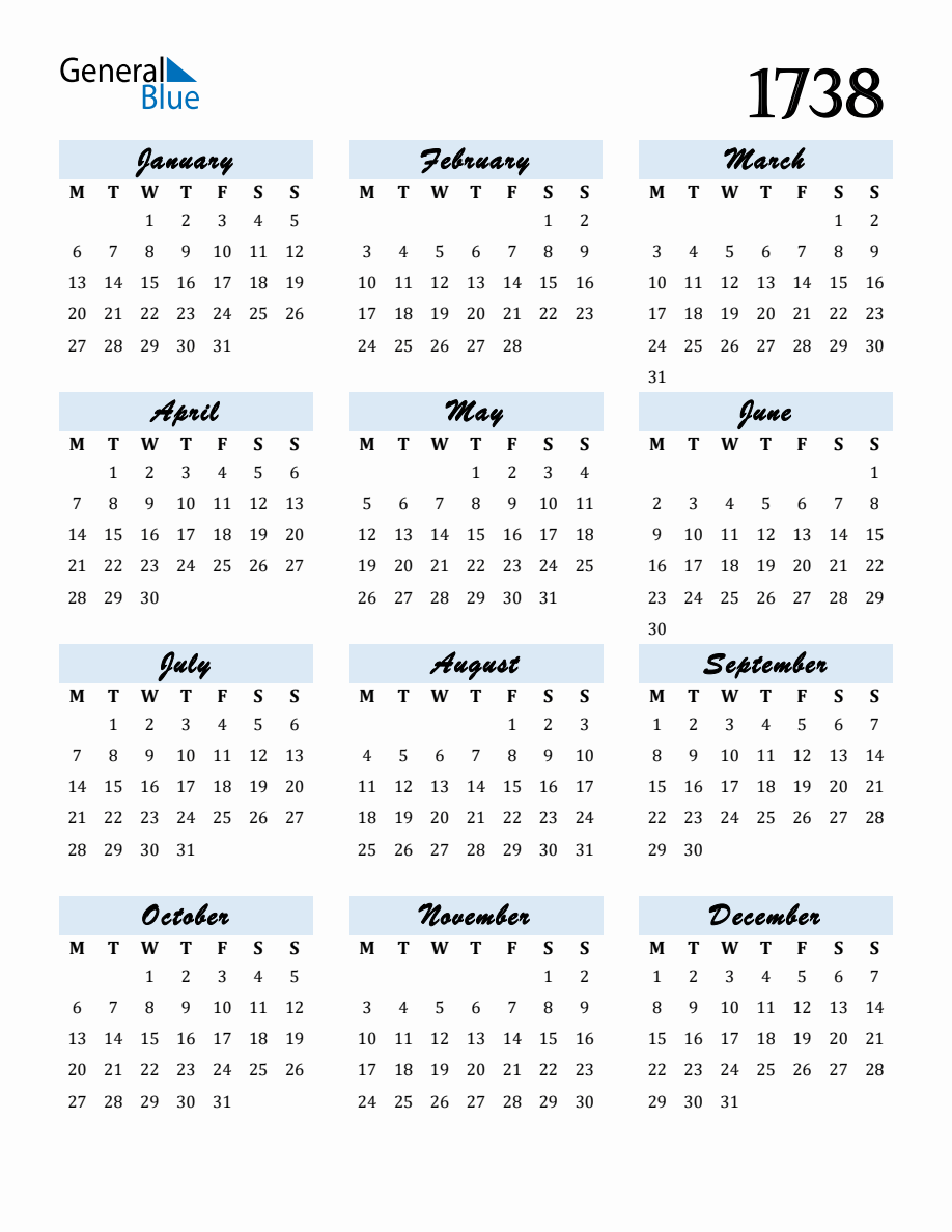 Free Downloadable Calendar for Year 1738
