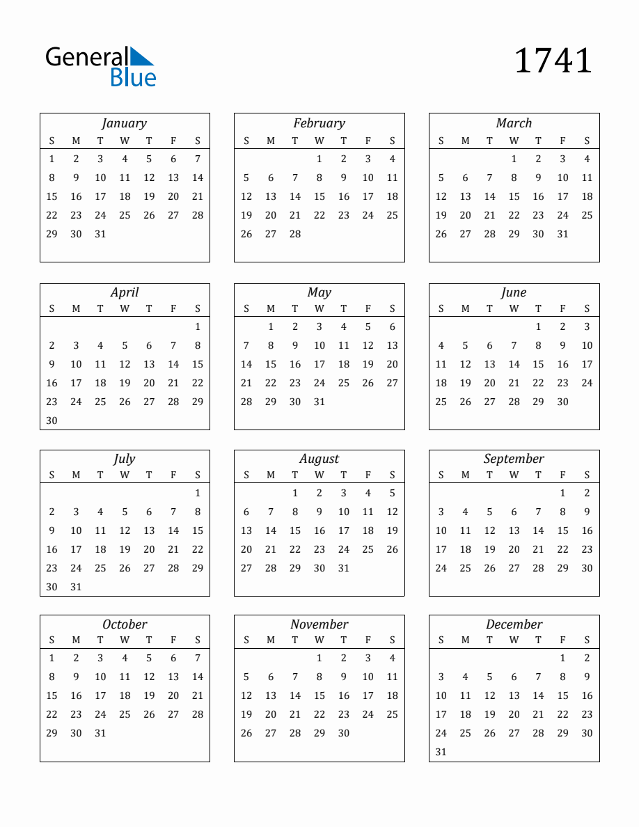 1741 Blank Yearly Calendar Printable