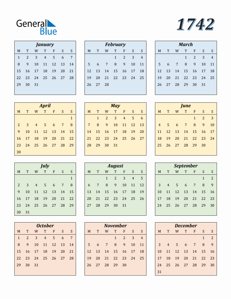 Calendar for Year 1742 with Monday Start