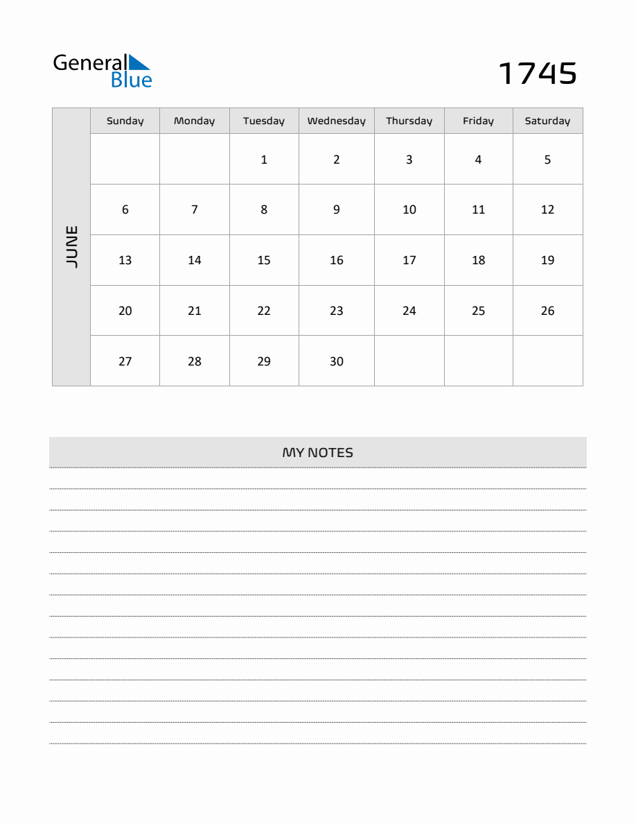 June 1745 Printable Monthly Calendar with Notes