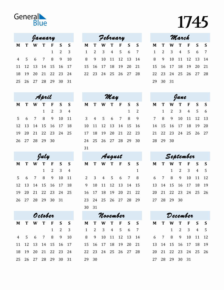Free Downloadable Calendar for Year 1745 with Monday Start