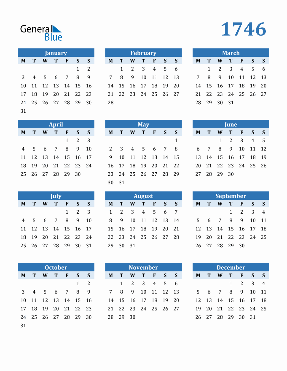 Free 1746 Year Calendar in PDF, Word, and Excel with Monday Start