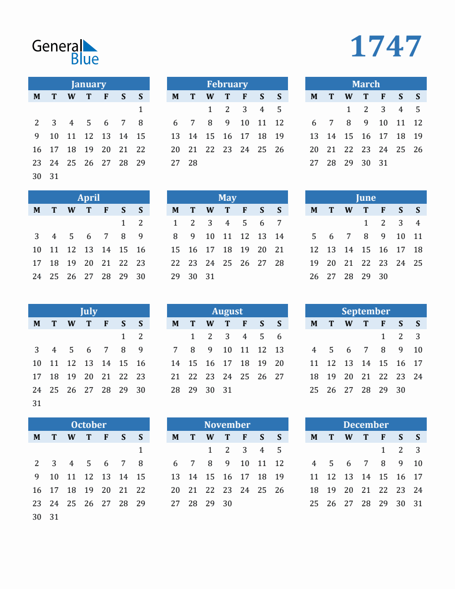 Free 1747 Year Calendar in PDF, Word, and Excel with Monday Start