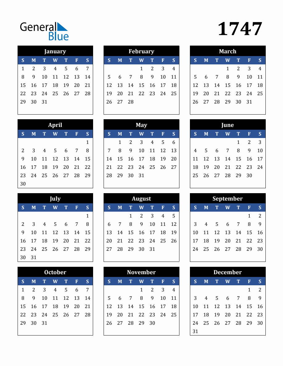 Editable 1747 Calendar