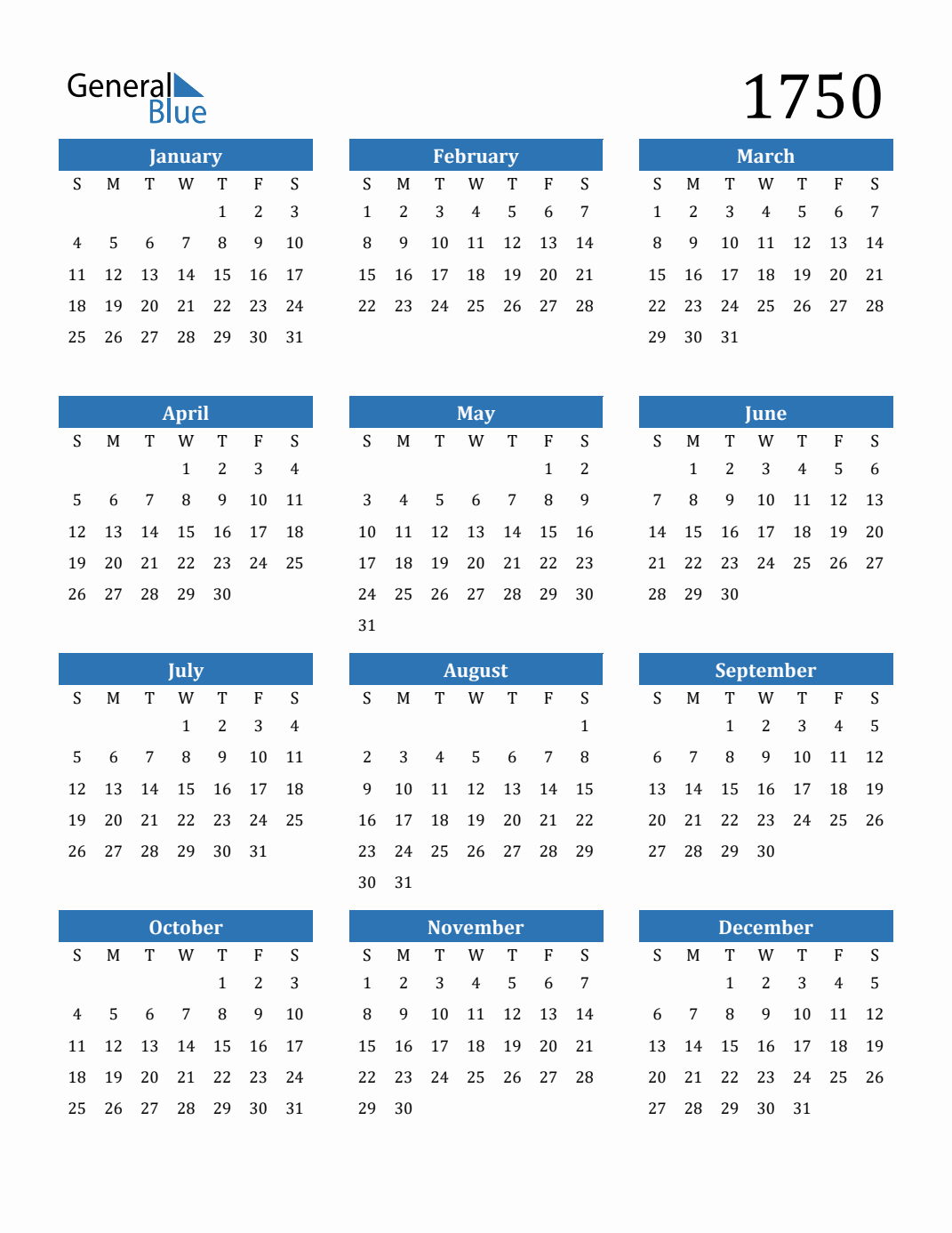 Free 1750 Calendars in PDF, Word, Excel
