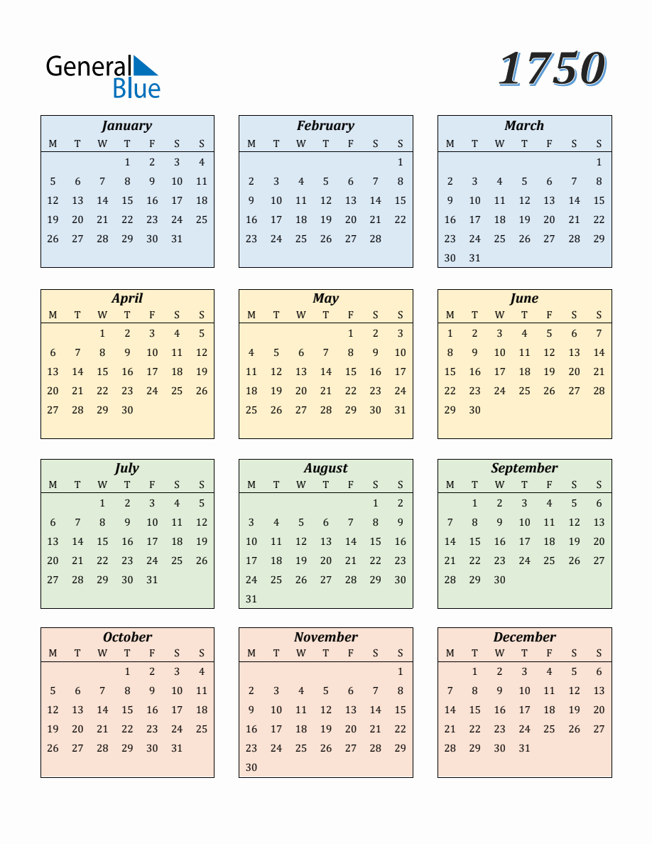 Calendar for Year 1750 with Monday Start