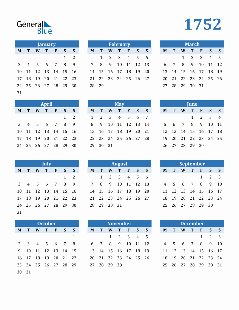 Free 1752 Year Calendar in PDF, Word, and Excel with Monday Start