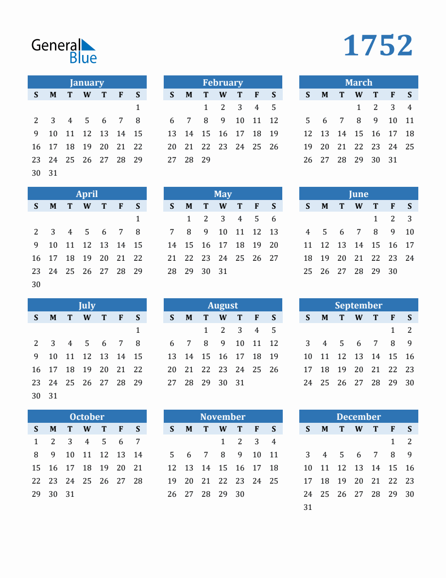 Free 1752 Year Calendar in PDF, Word, and Excel