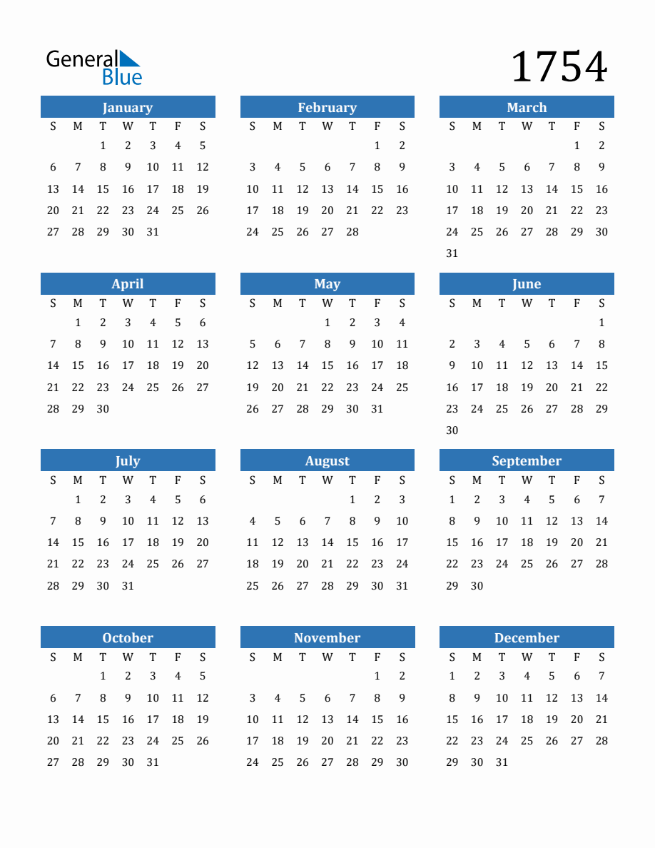 1754 Yearly Calendar