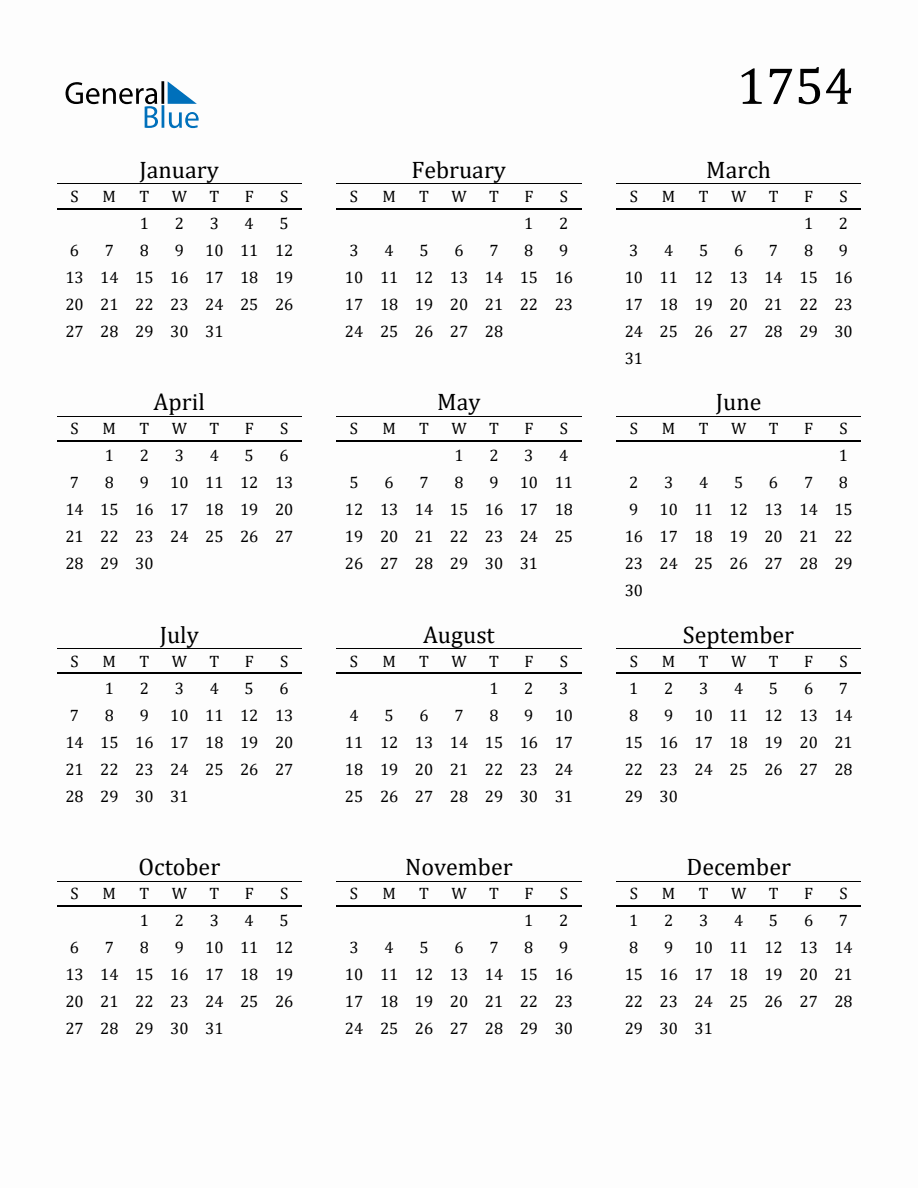 Year 1754 Free Printable 12-Month Calendar