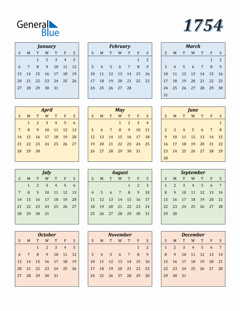 Calendar for Year 1754
