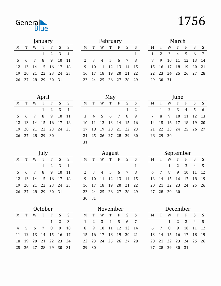 Year 1756 Free Printable 12-Month Calendar with Monday Start