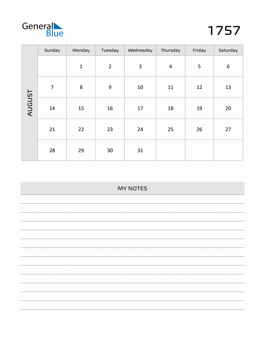 August 1757 Printable Monthly Calendar with Notes