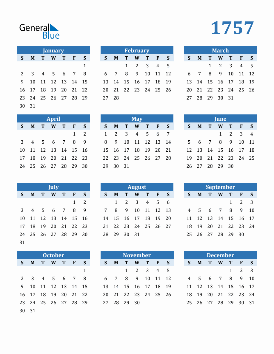 Free 1757 Year Calendar in PDF, Word, and Excel