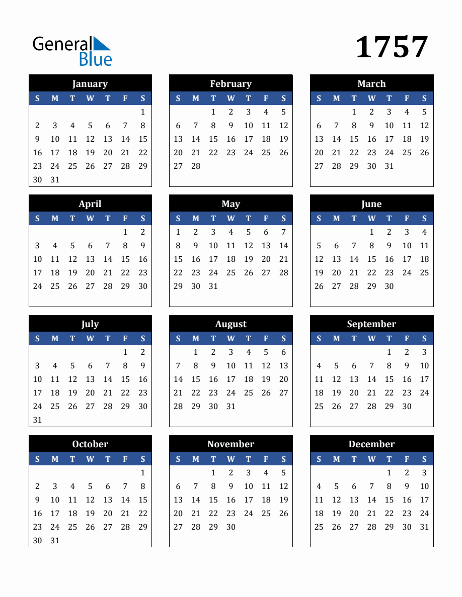 Editable 1757 Calendar