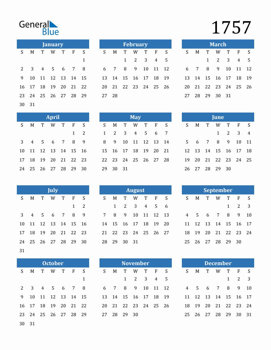 1757 Yearly Calendar
