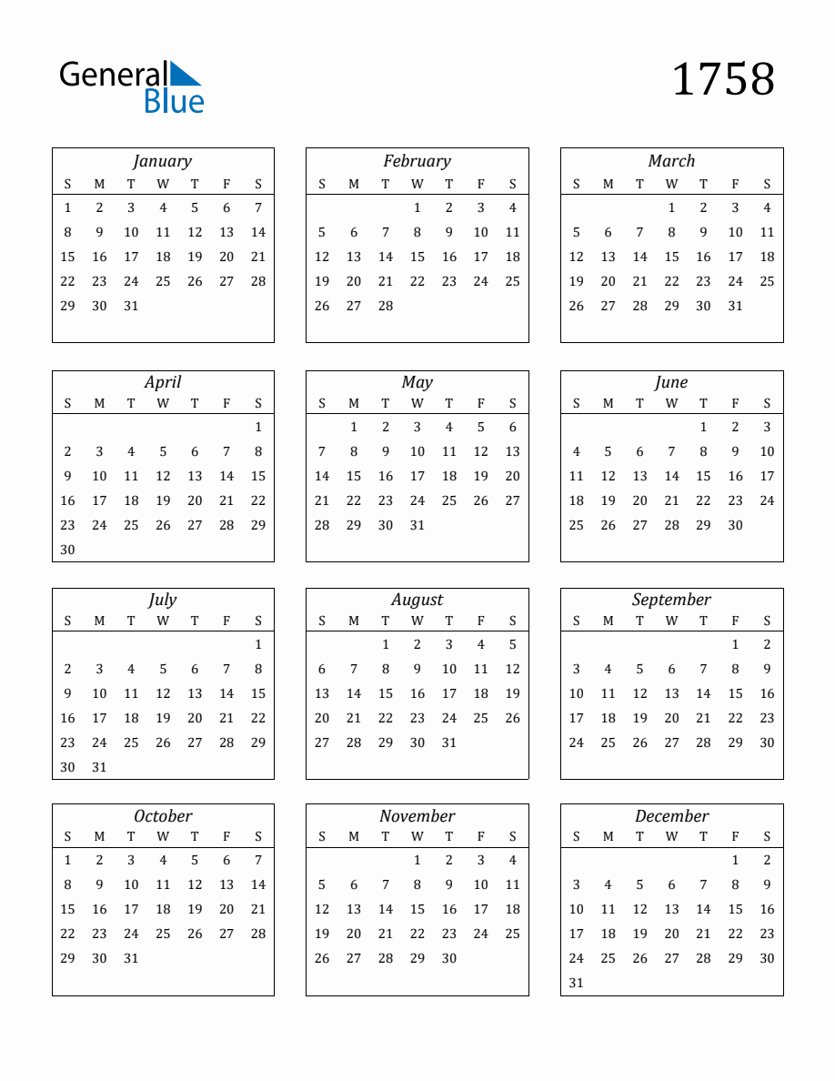 1758 Blank Yearly Calendar Printable