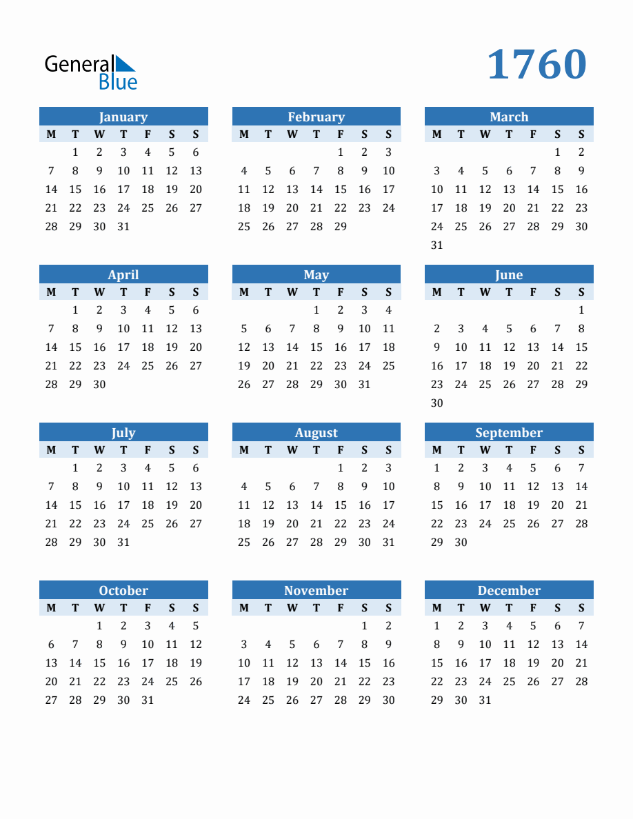 Free 1760 Year Calendar in PDF, Word, and Excel with Monday Start