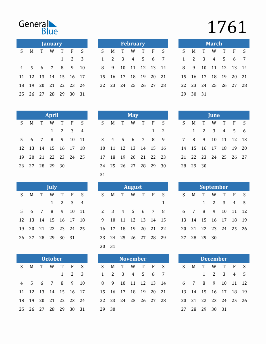 1761 Yearly Calendar