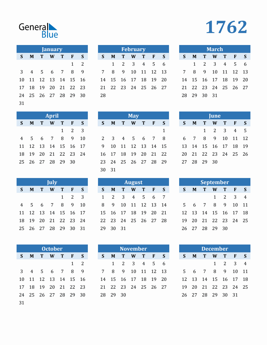 Free 1762 Year Calendar in PDF, Word, and Excel