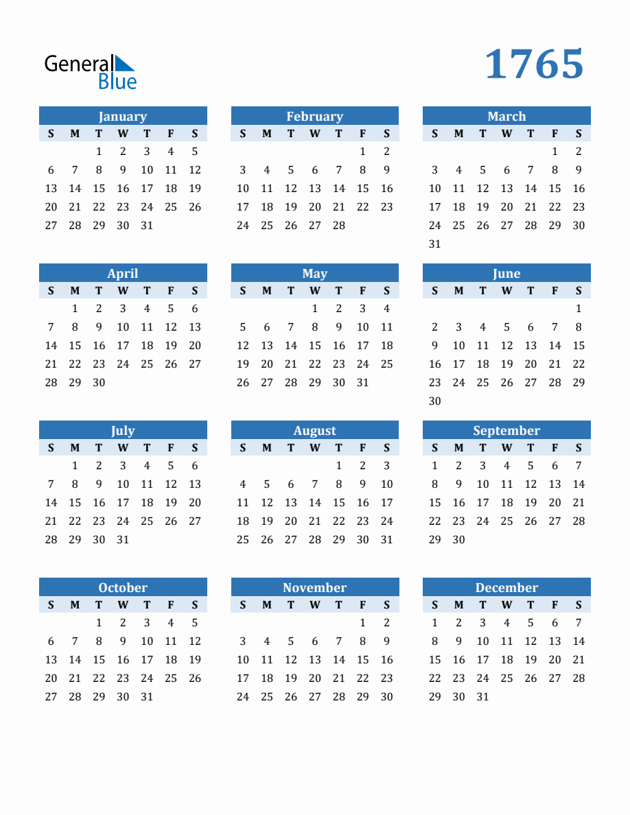 Free 1765 Year Calendar in PDF, Word, and Excel