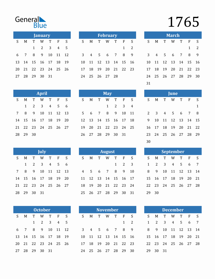 1765 Yearly Calendar