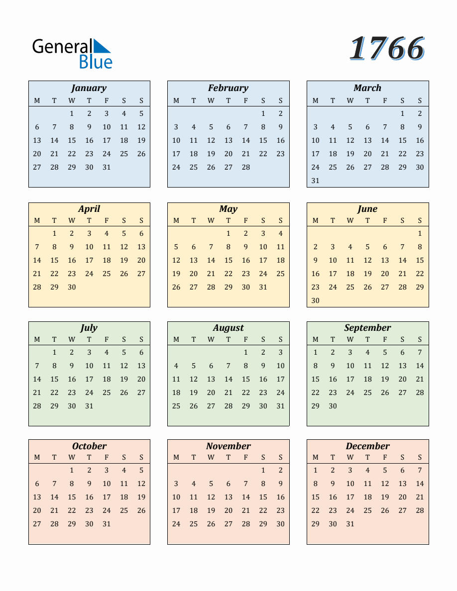 Calendar for Year 1766 with Monday Start