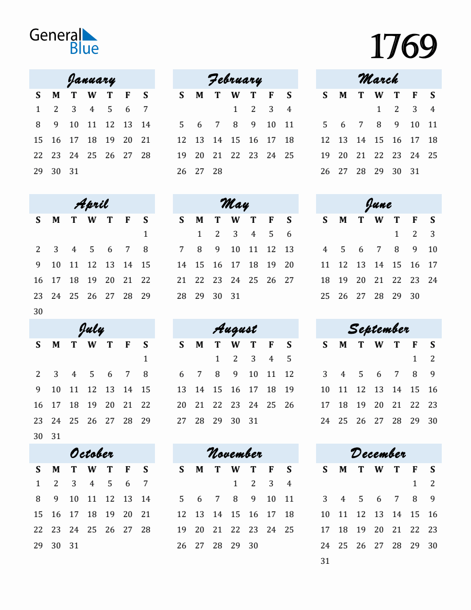 Free Downloadable Calendar for Year 1769
