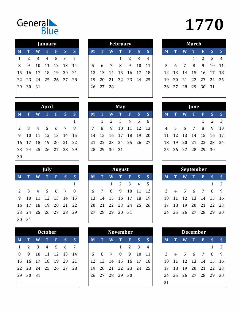 Editable 1770 Calendar