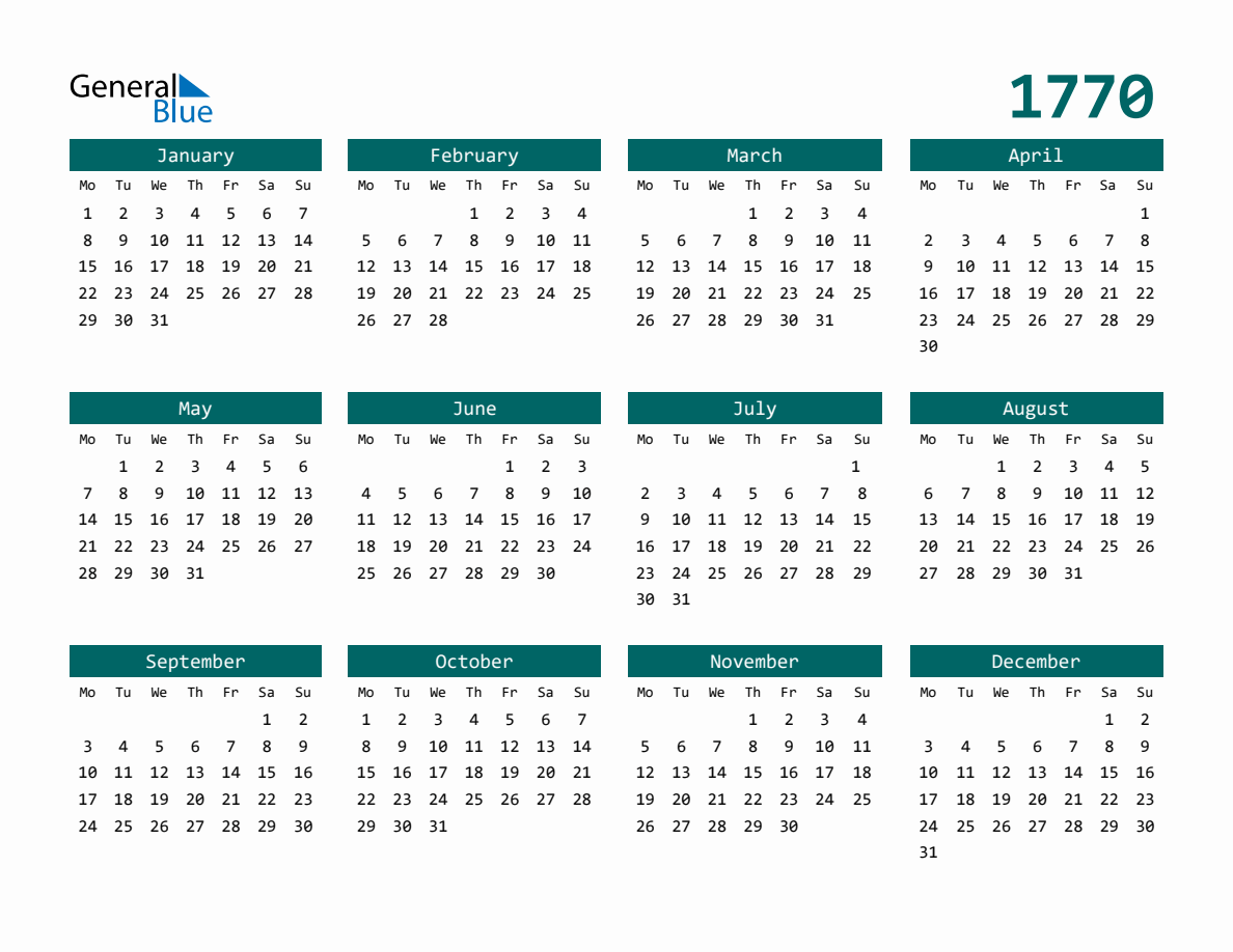 1770 Full-Year Calendar with Monday Start