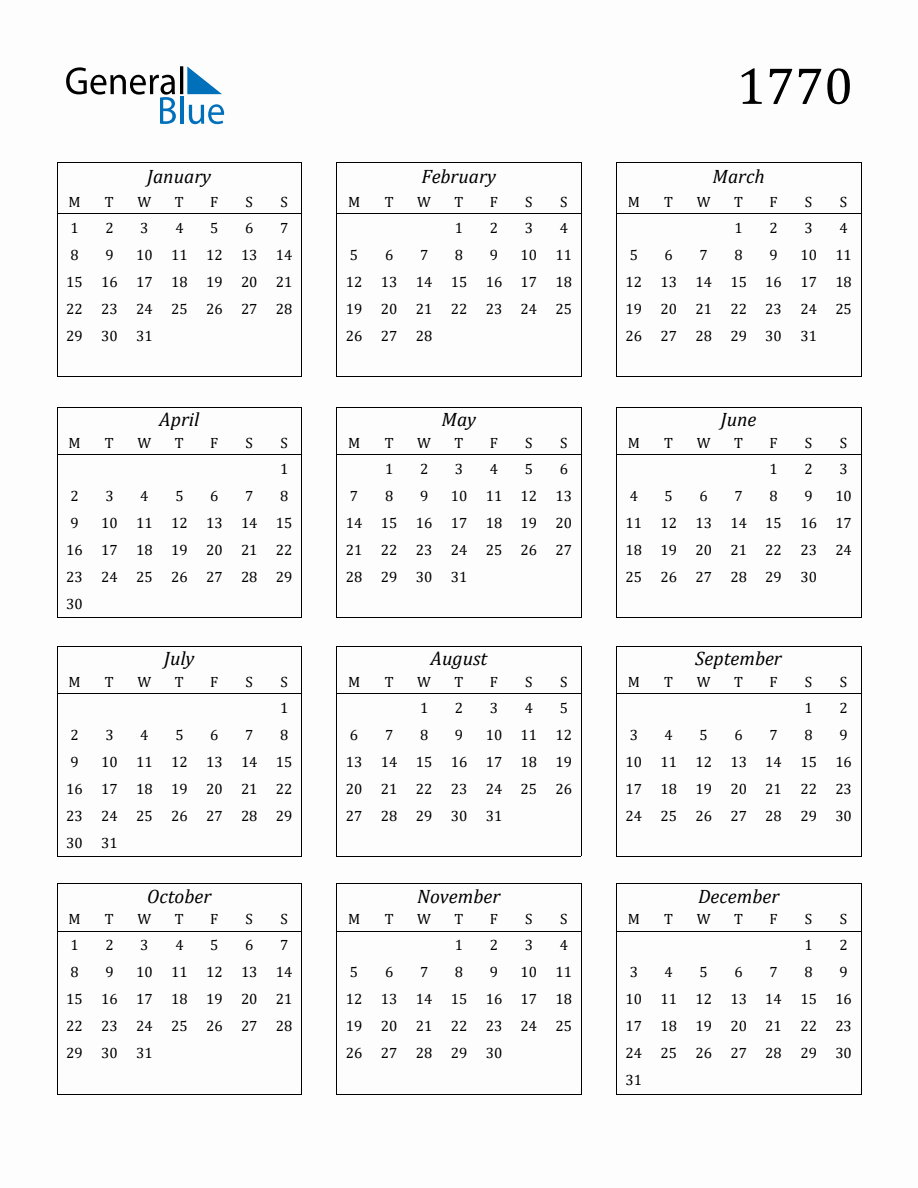 1770 Blank Yearly Calendar Printable with Monday Start