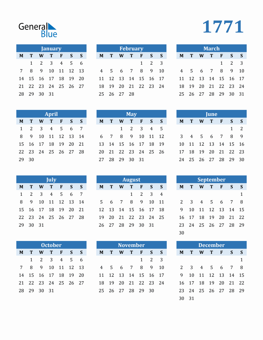 Free 1771 Year Calendar in PDF, Word, and Excel with Monday Start