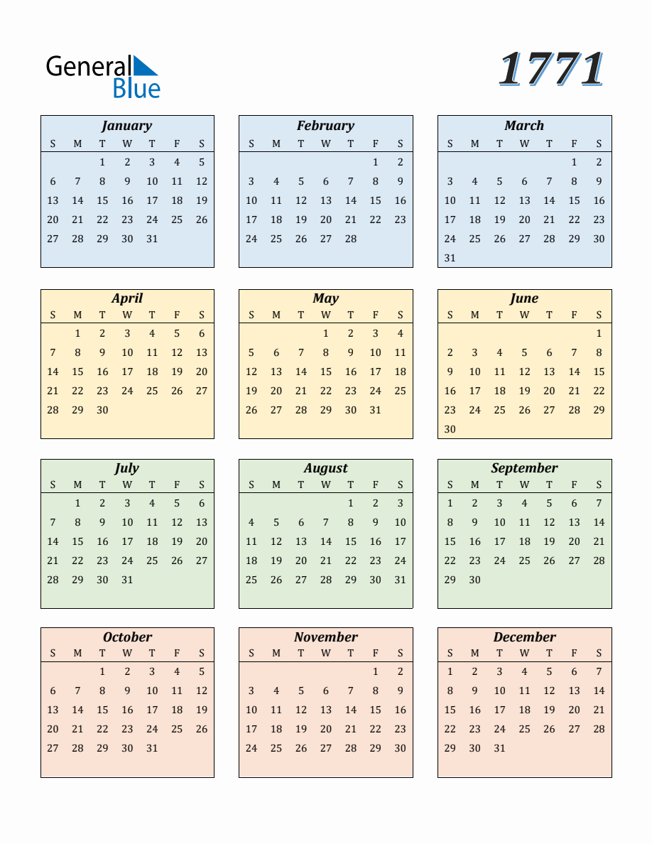 Calendar for Year 1771