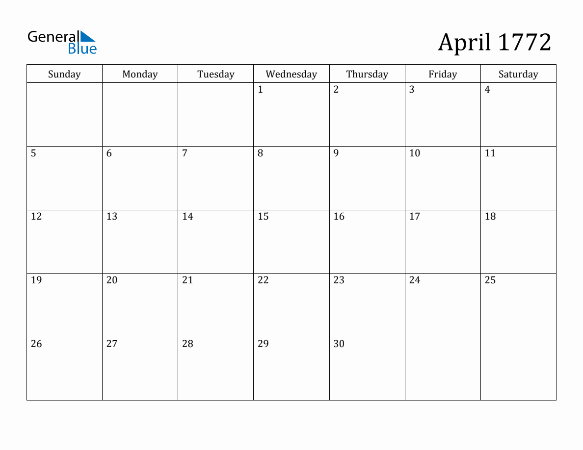 April 1772 Monthly Calendar
