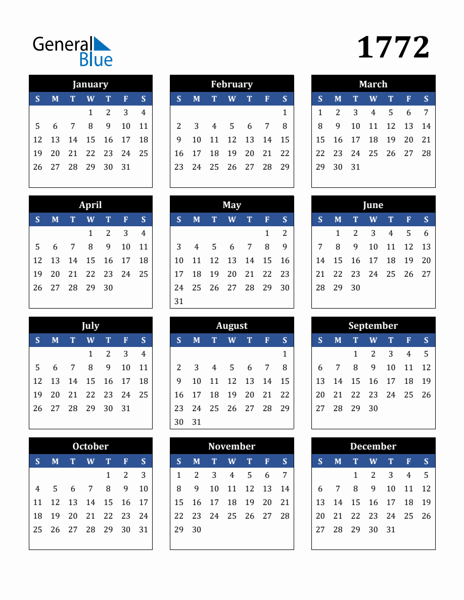 Editable 1772 Calendar